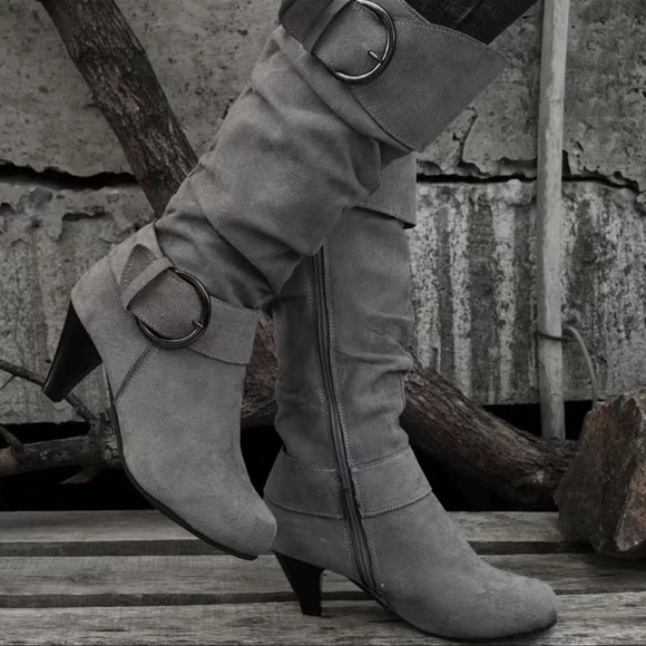Shoes | Nwt Gray Solid Color Boots With Buckle Strap Detail Side Zipper ...